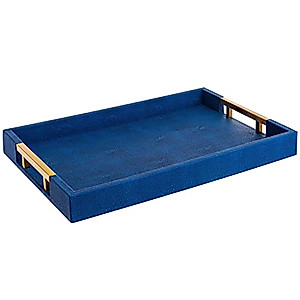 Home Redefined Modern Elegant 18”x12” Rectangle Navy Blue Rectangle Shagreen Decorative Ottoman Coffee Table Perfume Living Room Kitchen Serving Tray with Brass Gold Metal Handles for All Occasion's