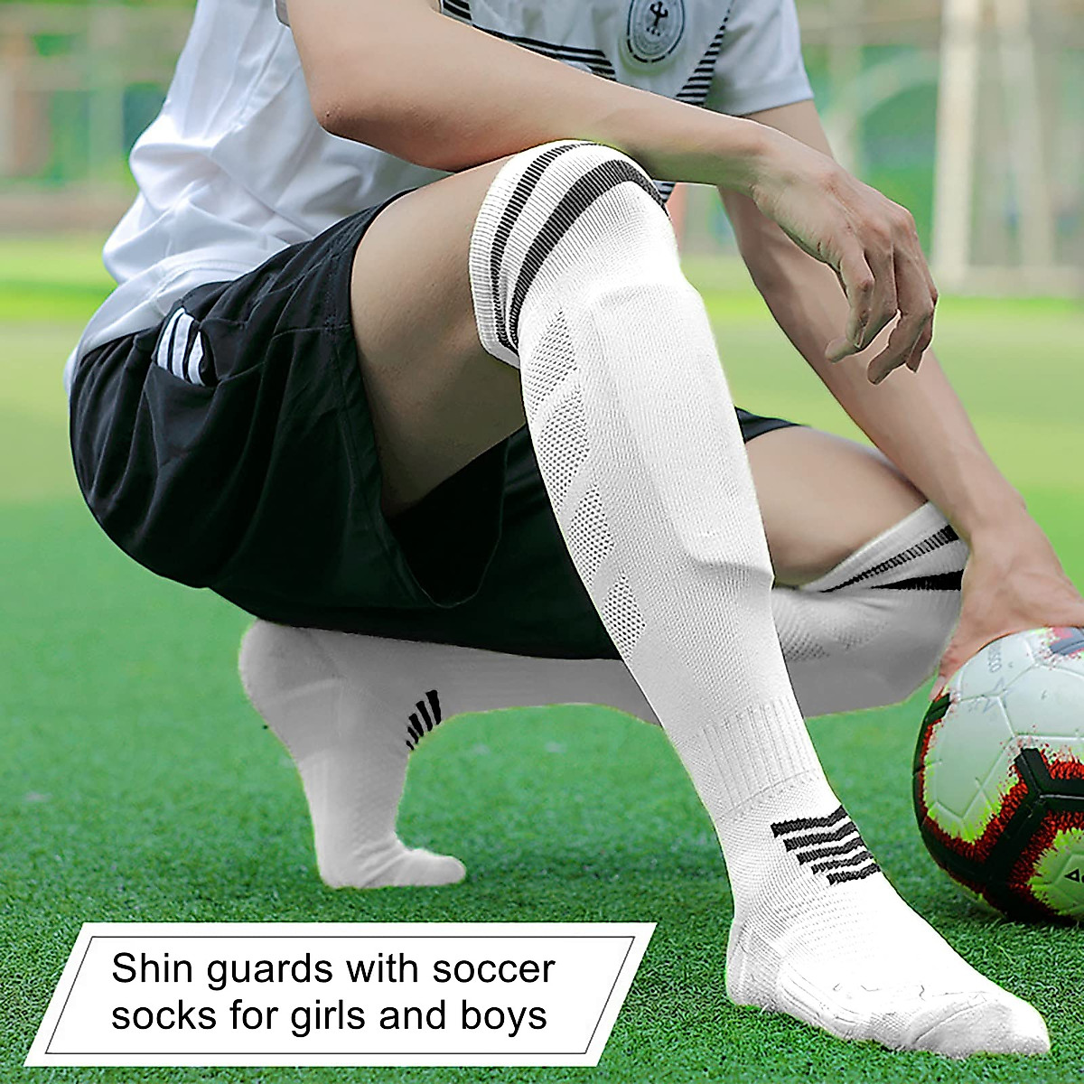 Soccer Shin Guards, Youth Shin Guards with Soccer Socks for Girls and Boys, Kids Calf Protection Gear 2 Pair (Medium)