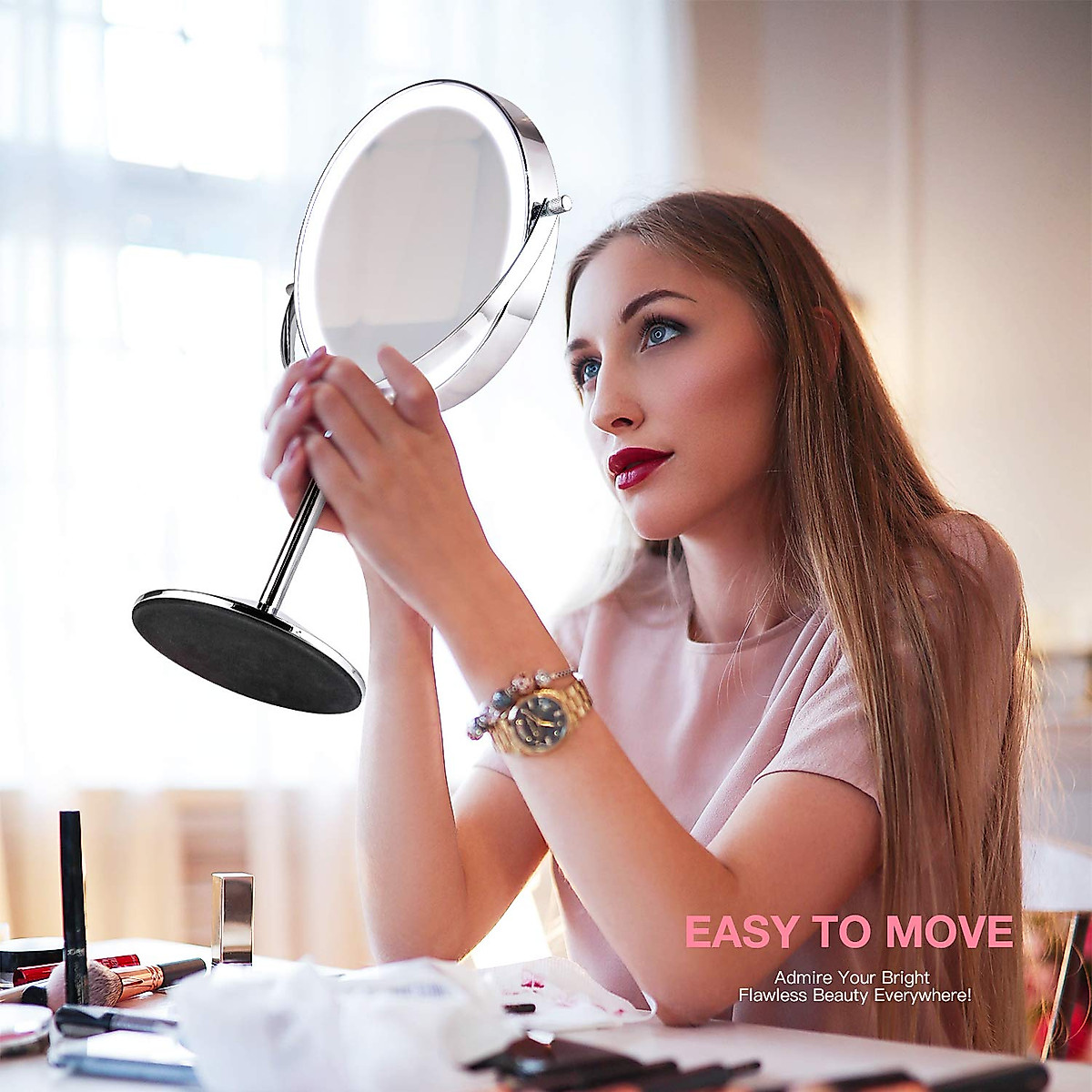 KDKD Lighted Makeup Mirror 7X Magnifying Swivel Vanity Mirror with 72 LED Lights 3 Color Modes, 8 Inch Round Tabletop Standing Polished Chrome Finished Cosmetic Mirror Rechargeable.