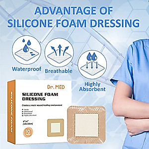 Dr. Med Silicone Foam Dressing with Gentle Adhesive Border 4"x4", 10 Individual Pack, Painless Removal High Absorbency Bed Sore Wound Bandage, for Pressure Sore, Diabetic Ulcer, Leg Ulcer and Burns