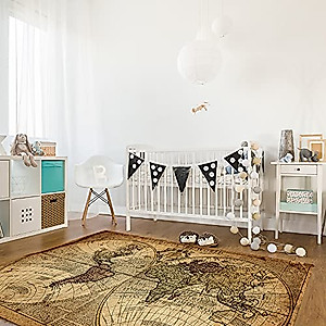 Large Modern Area Rug Contemporary Accent Throw Rug for Living Room, World Map Worldwide Oval Retro Nautical Kraft Background Anti Fatigue Non Slip Floor Carpet Comfort Standing Mat