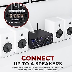 Pyle Compact Mini Home Power Amplifier - 40W Smart Small Audio Stereo Receiver w/ AUX 2 Microphone IN COM/8-Ohm/25V/70V Speakers LED Input Selector For PA Amplified Speaker Sound System PCM20A