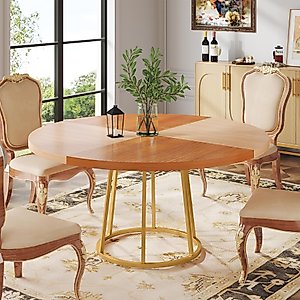 Tribesigns Round Dining Table for 4, 47 inch Kitchen Table Large Dinner Table with Circle Golden Metal Base Wood Grain Top for Home Kitchen Dining Room Living Room, Gold Maple(Only Table)