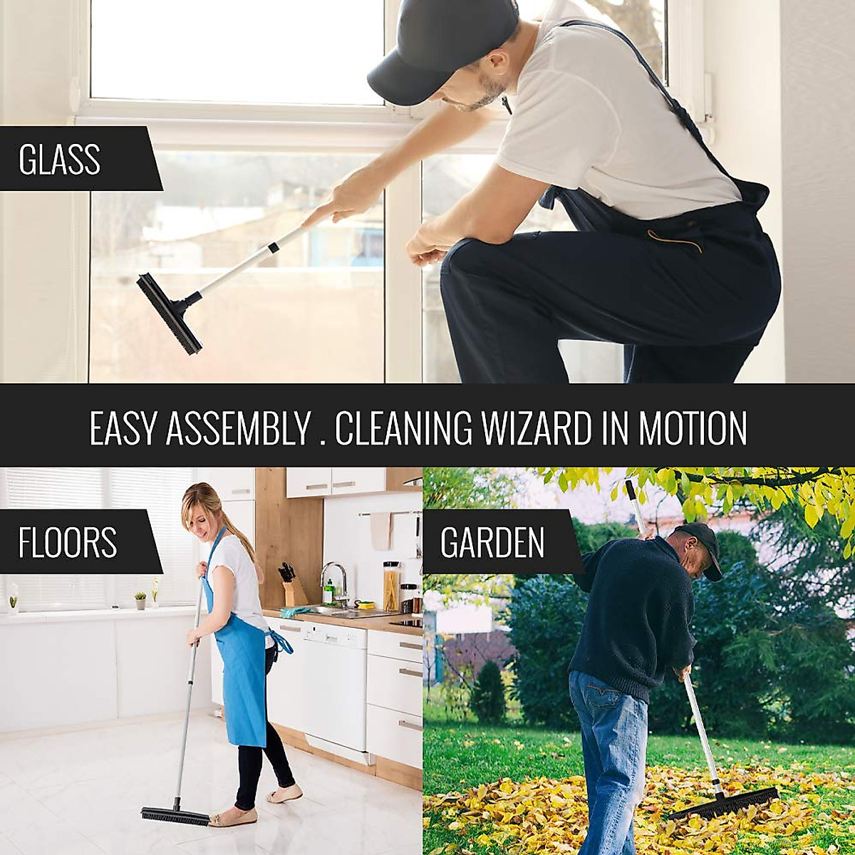 Rubber Bristle Expandable Broom Set with Dustpan & Handheld Rubber Brush for Surface Cleaning, Dust Pet Hair Removal Sofa Sweeping, Built-in Rubber Squeegee Snap, Set of 3, Black