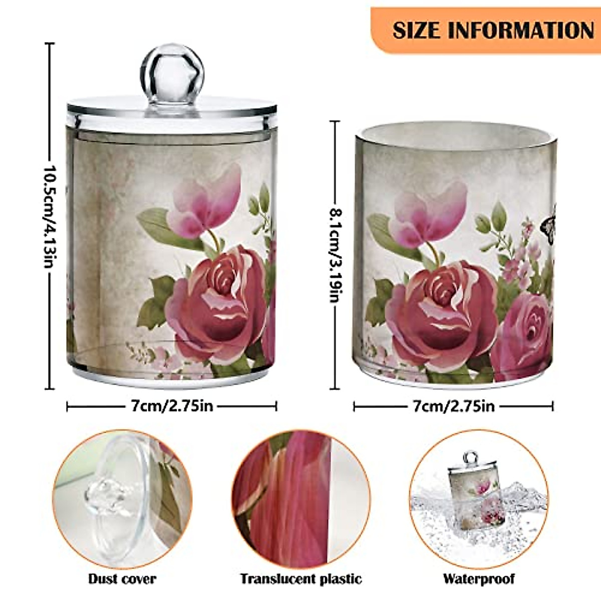 ALAZA 2pcs Vintage Rose Flower Butterfly Qtip Holder Dispenser 14 oz Bathroom Storage Clear Apothecary Jars Containers Cotton Ball,Cotton Rounds,Floss Picks, Hair Clips, Food