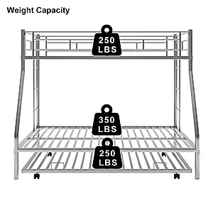 Merax Twin Over Full Bunk Bed with Trundle, 3 in 1 Triple Bunk Beds, Sturdy Steel Bunk Beds Frame for 3 Kids/Teens with Two Side Ladders and Safety Guard Rail,Silver Color