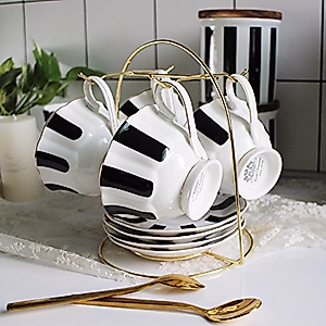 EKUEE Black and White Retro Series European Striped Polka Dot Coffee Cup and Saucer Mug Cake Plate Afternoon Tea Set (A)