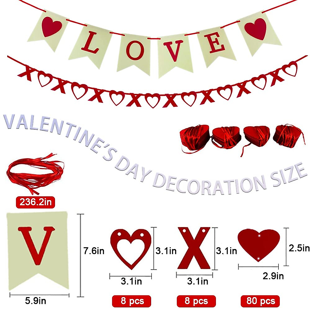 LOVE Heart XO Garlands Banner for Valentine's Day DIY Felt Decorations & 80 PCS Red Hanging String Hearts Birthday Party Flag Wedding/Home/Anniversary Supplies