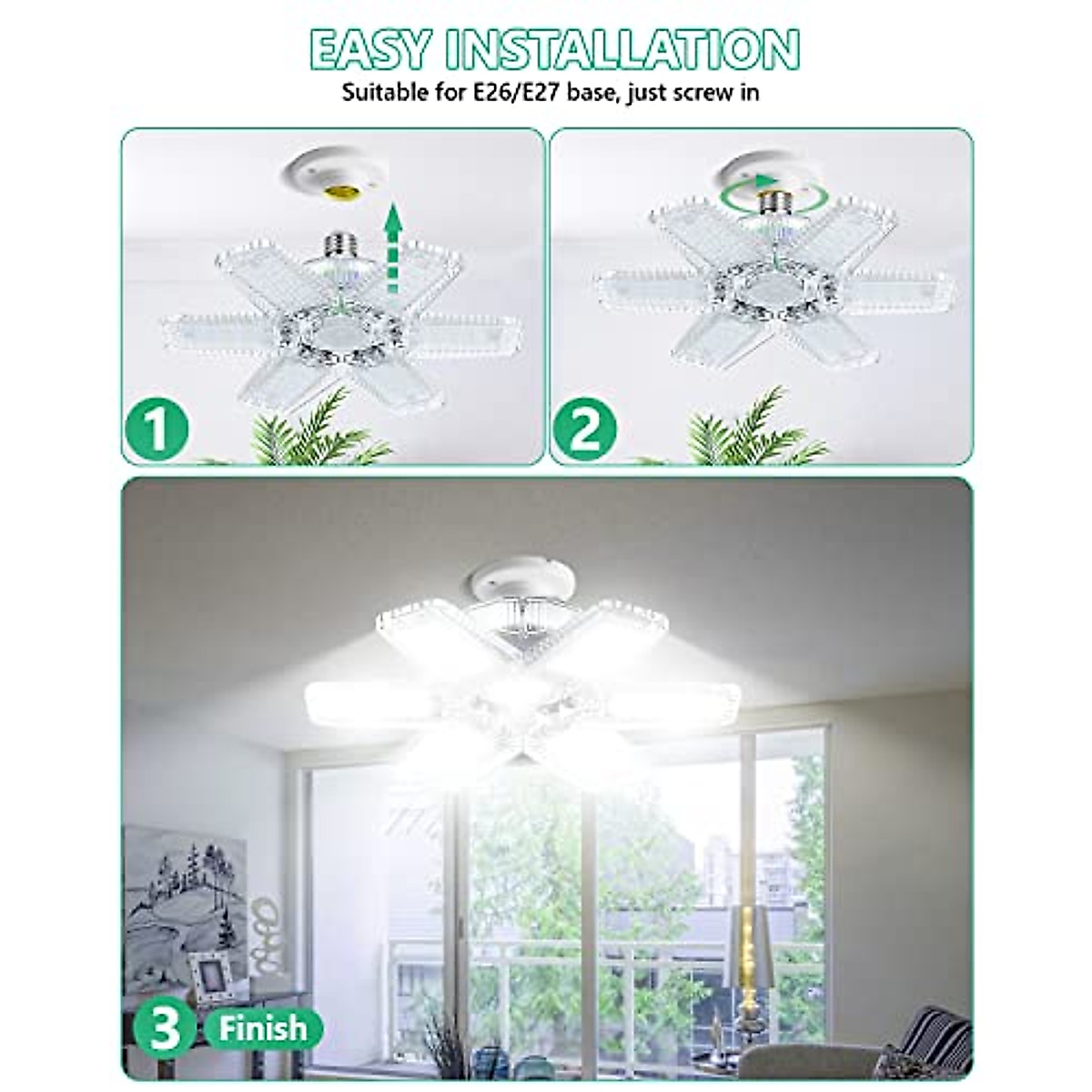 Garage Light 165W 16500LM 6500K 2 Pack, LED Garage Light LED Shop Lights Garage Lights Ceiling LED with 6+1 Adjustable Panels Support E26/E27 for Garage, Barn, Workshop, Basement（Transparent）