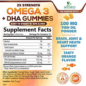 Omega 3 Fish Oil Gummies, Heart Healthy Omega 3 Gummy Supplement with High Absorption DHA & EPA, Extra Strength Joint & Brain Support, Omega 3 Fish Oil Nature's Vitamin, Orange Flavor - 120 Gummies