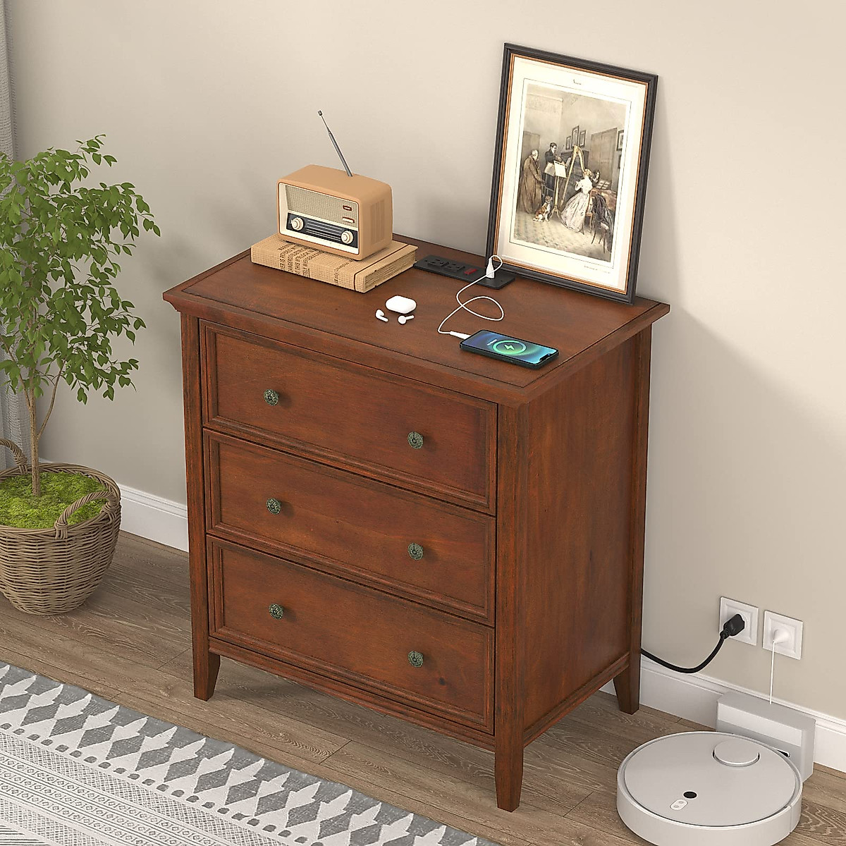 IKENO Nightstand with 3 Drawers and Charging Station, Solid Wood Nightstand Organizer for Bedroom