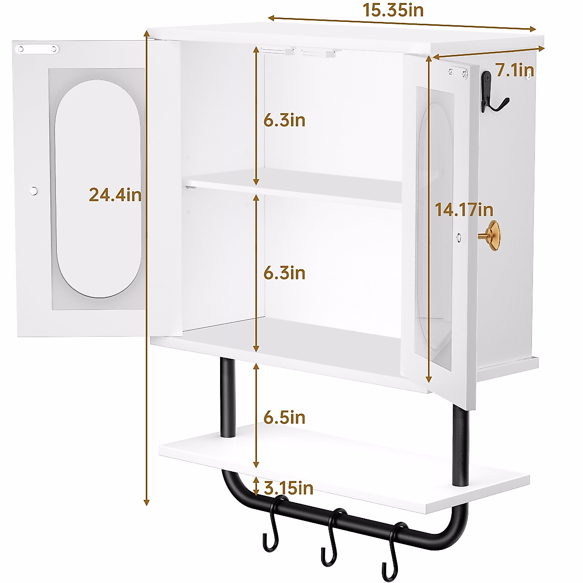 Creso hom Medicine Cabinet, Wood Bathroom Wall Cabinet with Adjustable Shelf and Hooks, Towel Bar, 3 Tier Bathroom Cabinet Wall Mount Storage Cabinets for Living Room, Bedroom, Kitchen, White