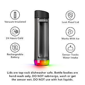 Hidrate Spark PRO Smart Water Bottle – Tracks Water Intake with Bluetooth, LED Glow Reminder When You Need to Drink – Chug Lid, 21oz, Black