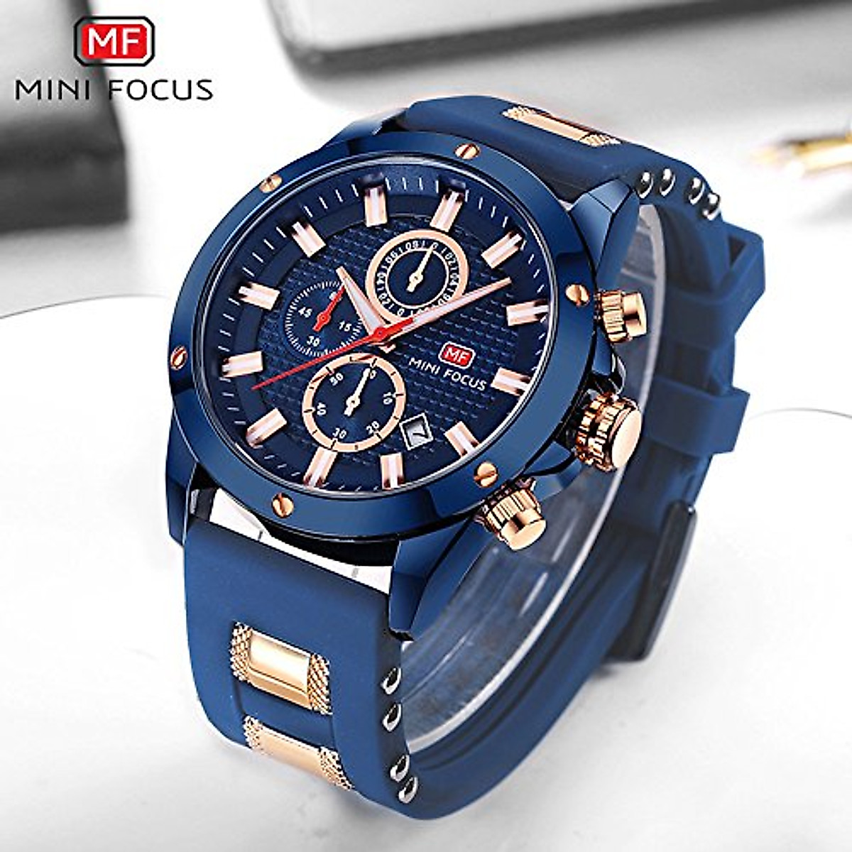 Mini Focus Mens Watch Casual Sports Watches (Chronograph/Waterproof/Luminous/Calendar) Silicon Band Fashion Quartz Watch for Men (Blue)