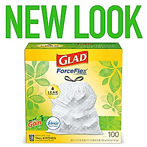 GLAD ForceFlex Tall Drawstring Trash Bags, 13 Gallon White Trash Bags for Tall Kitchen Trash Can, Gain Original Scent to Eliminate Odors, 100 Count - Packaging May Vary