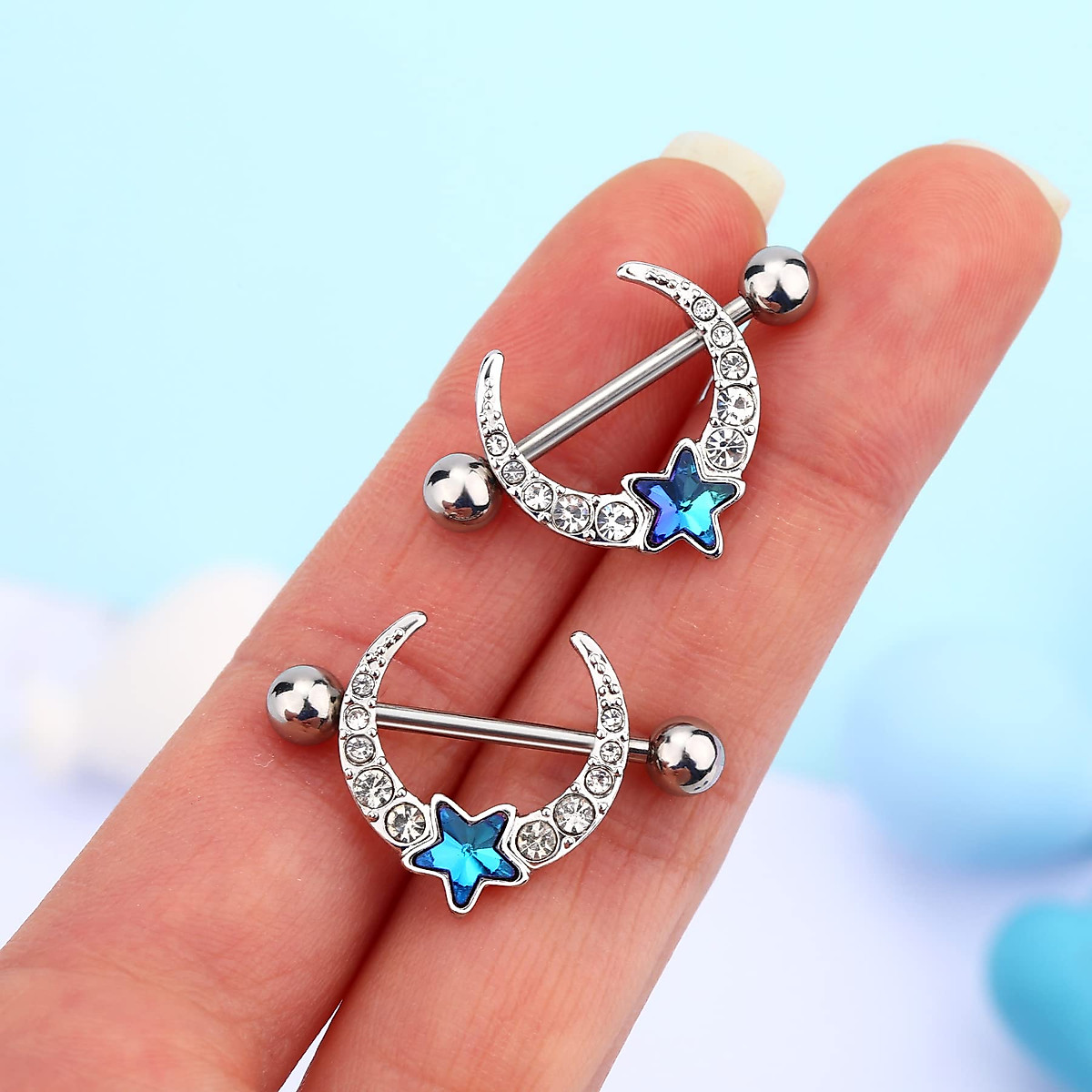 Melighting 14G Nipple Piercing Jewelry, 316L Surgical Steel Barbell with Clear CZ Moon Blue Star, Unisex Piercing Jewelry for Women and Men