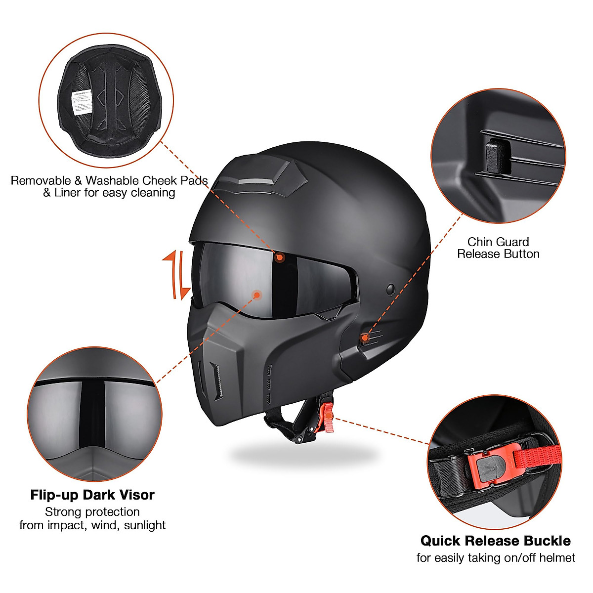 AHR Open Face Motorcycle Helmet 3/4 Half Helmet for Cruiser Scooter Street Bike Moped DOT Model Run-O6 (Matte Black, S)