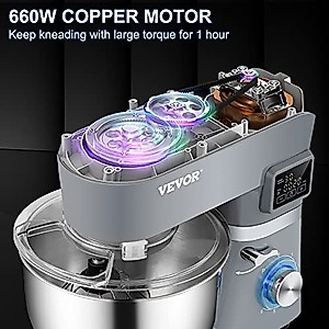 VEVOR Stand Mixer, 660W Electric Dough Mixer with 6 Speeds LCD Screen Timing, Tilt-Head Food Mixer with 5.8 Qt Stainless Steel Bowl, Dough Hook, Flat Beater, Whisk, Scraper, Splash-Proof Cover - Gray