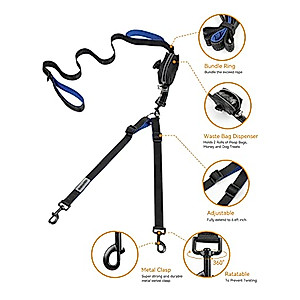 YOUTHINK Double Dog Leash, Dog Walking Leash 2 Dogs up to 180lbs, Comfortable Adjustable Dual Padded Handles, Bonus Pet Waste Bag (Double Dog Leash)