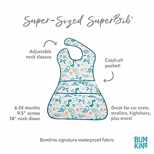 Bumkins Bibs, Baby Bibs for Girl or Boy, Baby and Toddler Bib for 6-24 Months, Waterproof Fabric Baby Bib SuperBib, Oversized Full Cover, for Babies Eating – Dinosaurs