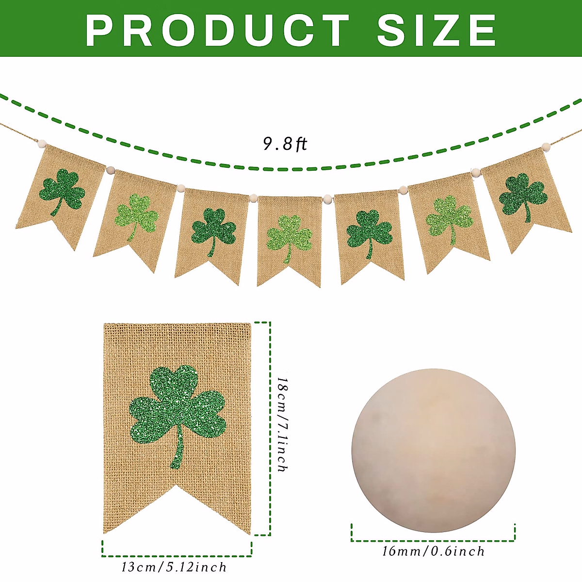 Whaline St. Patrick's Day Banner with Wooden Beads Glitter Green Shamrock Garland Burlap Banner Pre-Assembled Wooden Beads Clover Banner Fireplace Wall Hanging for Party Home Decoration