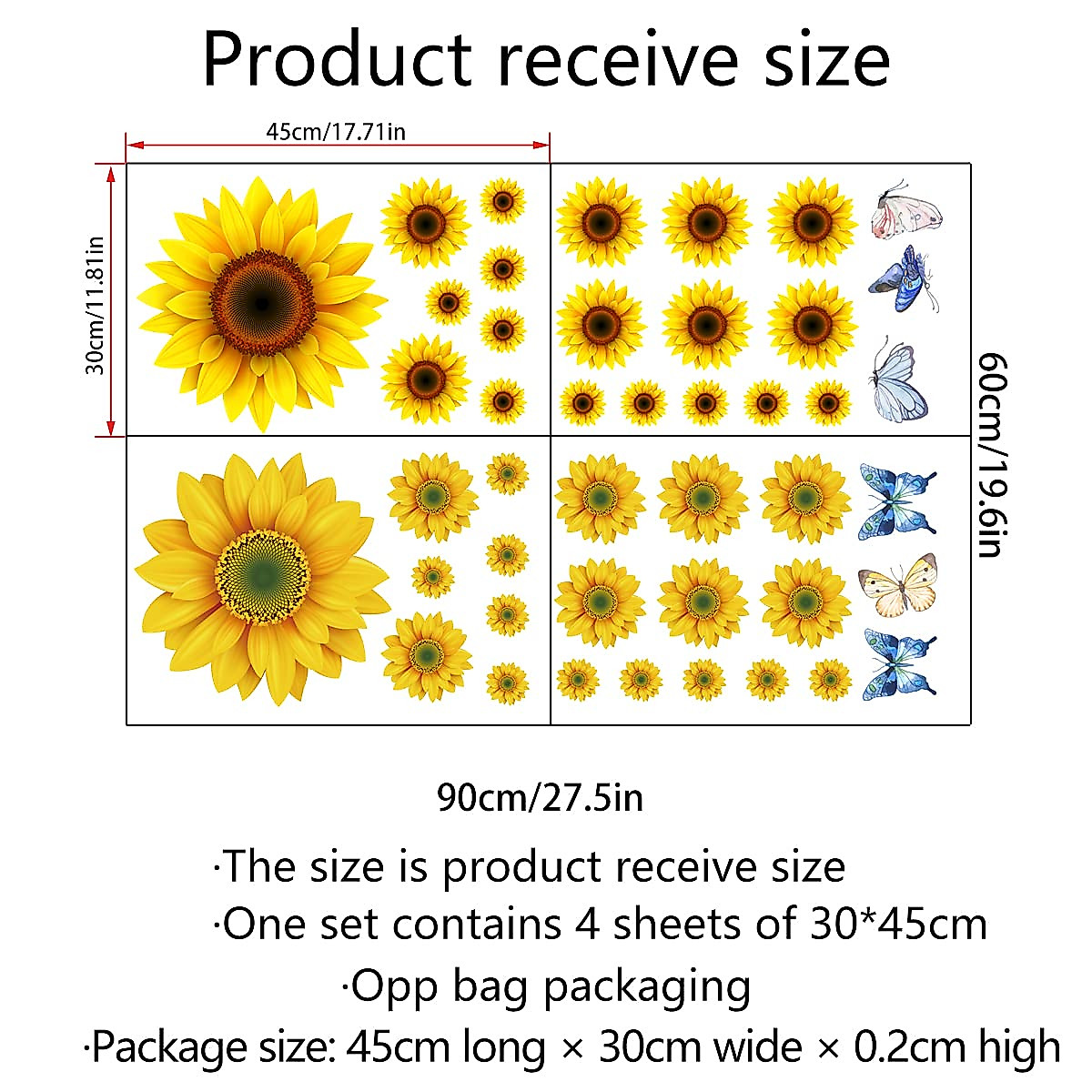 Sunflower Wall Stickers with 3D Butterfly Removable Yellow Flower Wall Decals Waterproof Sunflower Decor Mural for Nursery Baby Kids Bedroom Living Room Bathroom Kitchen Decoration (44 Pcs Yellow)