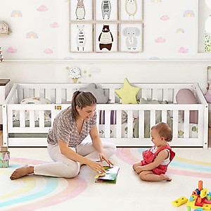 GEEVIVO Twin Size Montessori Floor Bed, Kids 1-3 Wooden Playhouse Bed Frame w/Door, Slats and Safety Fence, Floor-Bed-Frame for Children Bedroom, Boys Girls, Kids Playroom