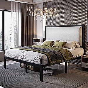 Allewie Queen Size Platform Bed Frame with Upholstered Headboard, Metal Structure, Wood Slat Support, Mattress Foundation - No Box Spring Needed - Grey