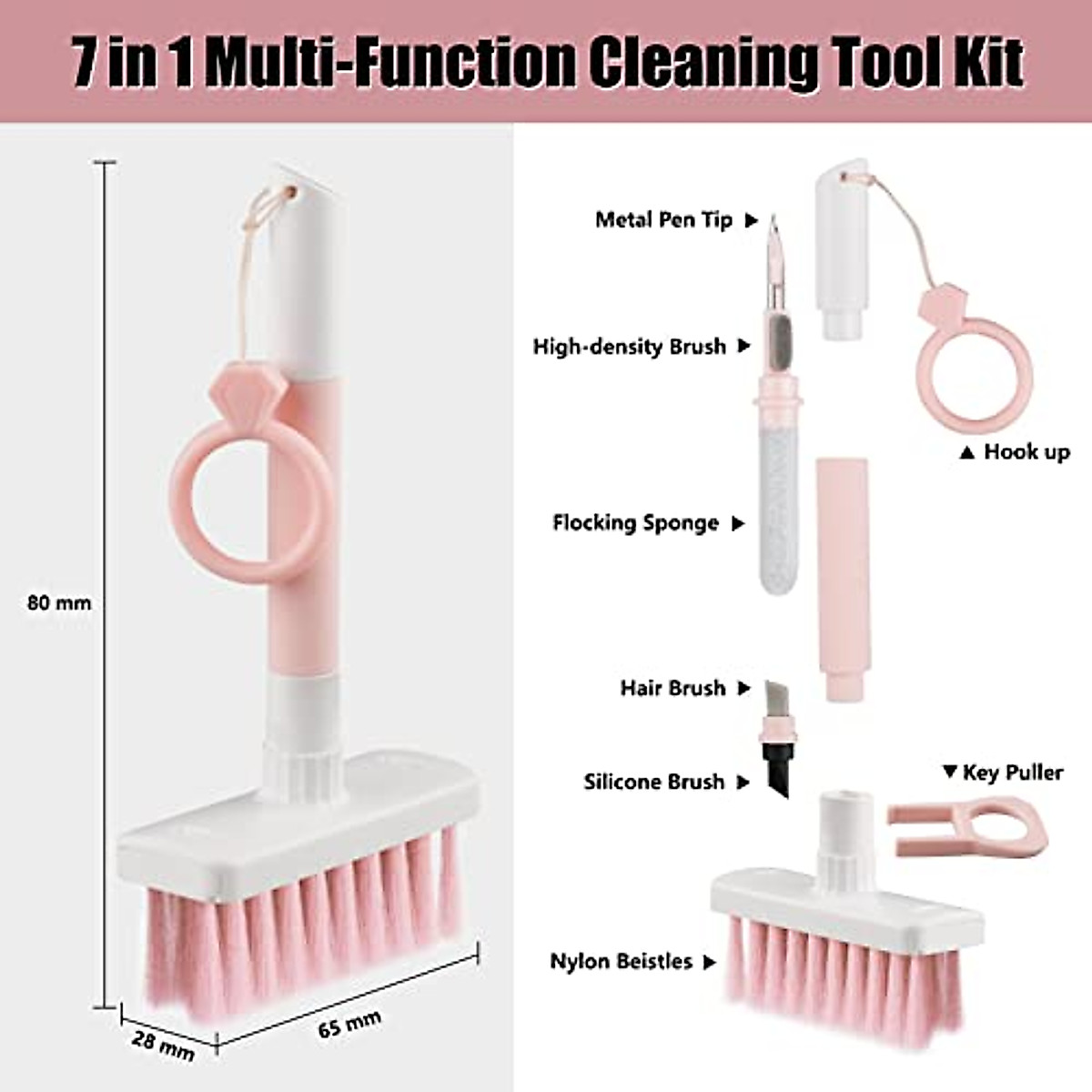 Soft Brush Keyboard Cleaner, Computer Cleaning Tool Kit, 7 in 1 Multipurpose Corner Slit Duster Keycap Puller and Soft Microfiber Brush for Bluetooth Headset Lego Airpods Laptop Camera Lens (Pink)
