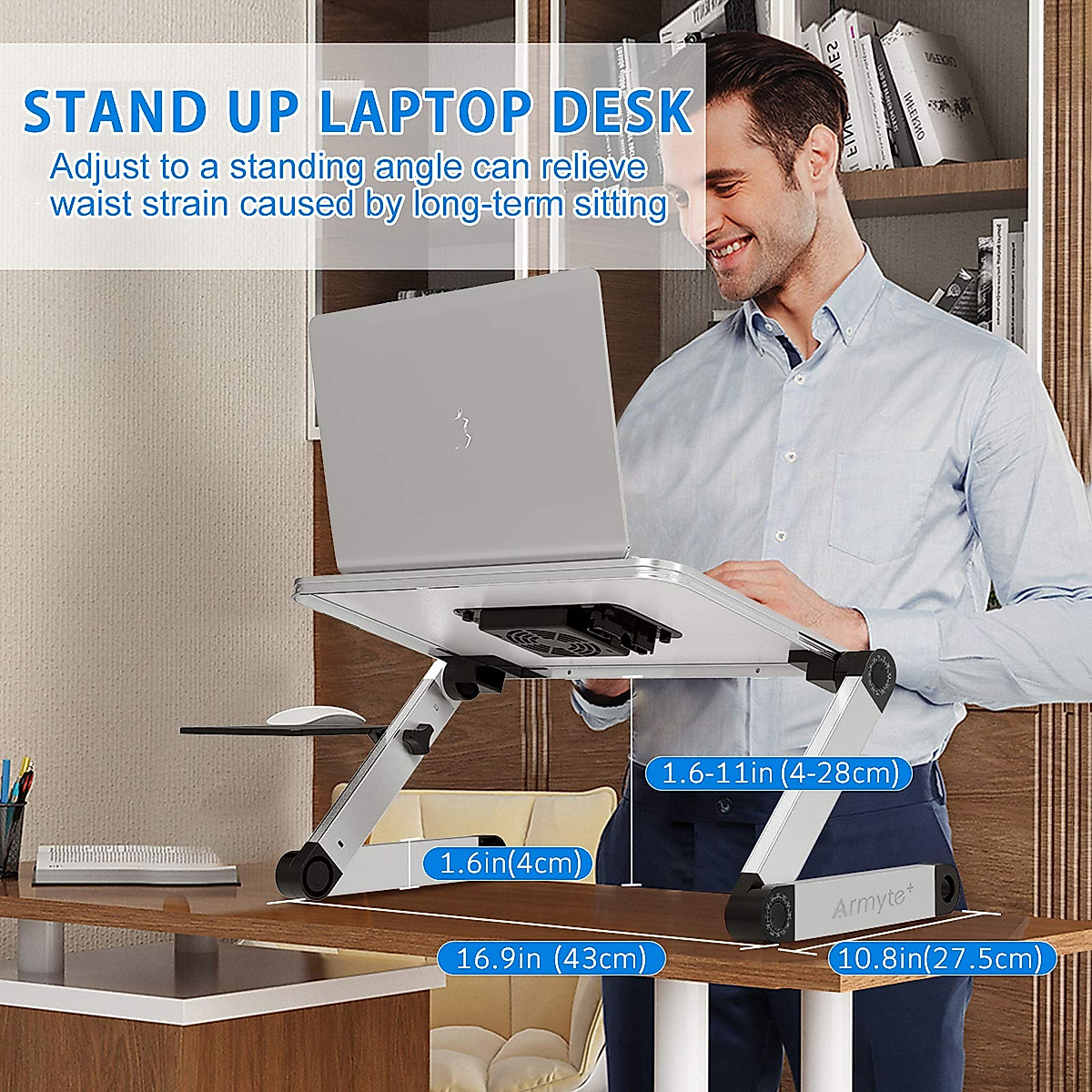 Armyte Laptop Stand Adjustable Height for Desk, Portable Lap Table with Cooling Fan & Mouse Pad for 15.6 Inch Notebook Lightweight Foldable Computer Riser for Couch Bed Sofa Home Office