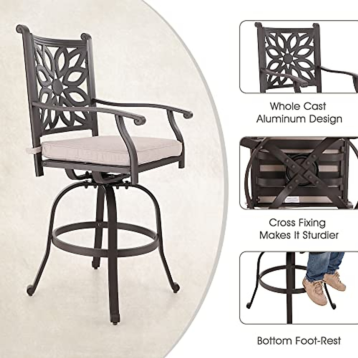 MFSTUDIO Cast Aluminum Bar Height Outdoor Bar stools Set of 2, Swivel Patio Chairs with Extra Wide Seat and Cushion, Brown