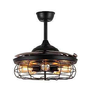 Moooni 48" Industrial Caged Ceiling Fan with Lights and Remote, Black Fandelier, Vintage Retractable Blades Chandelier Fan Light Kit for Bedroom Farmhouse