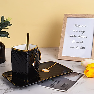 Koythin Ceramic Coffee Mug Saucer Set, Creative Cute Handbag Shaped Cup with Spoon and Saucer for Office and Home, 10 oz/300 ml for Tea Latte Milk (Elegant Black)