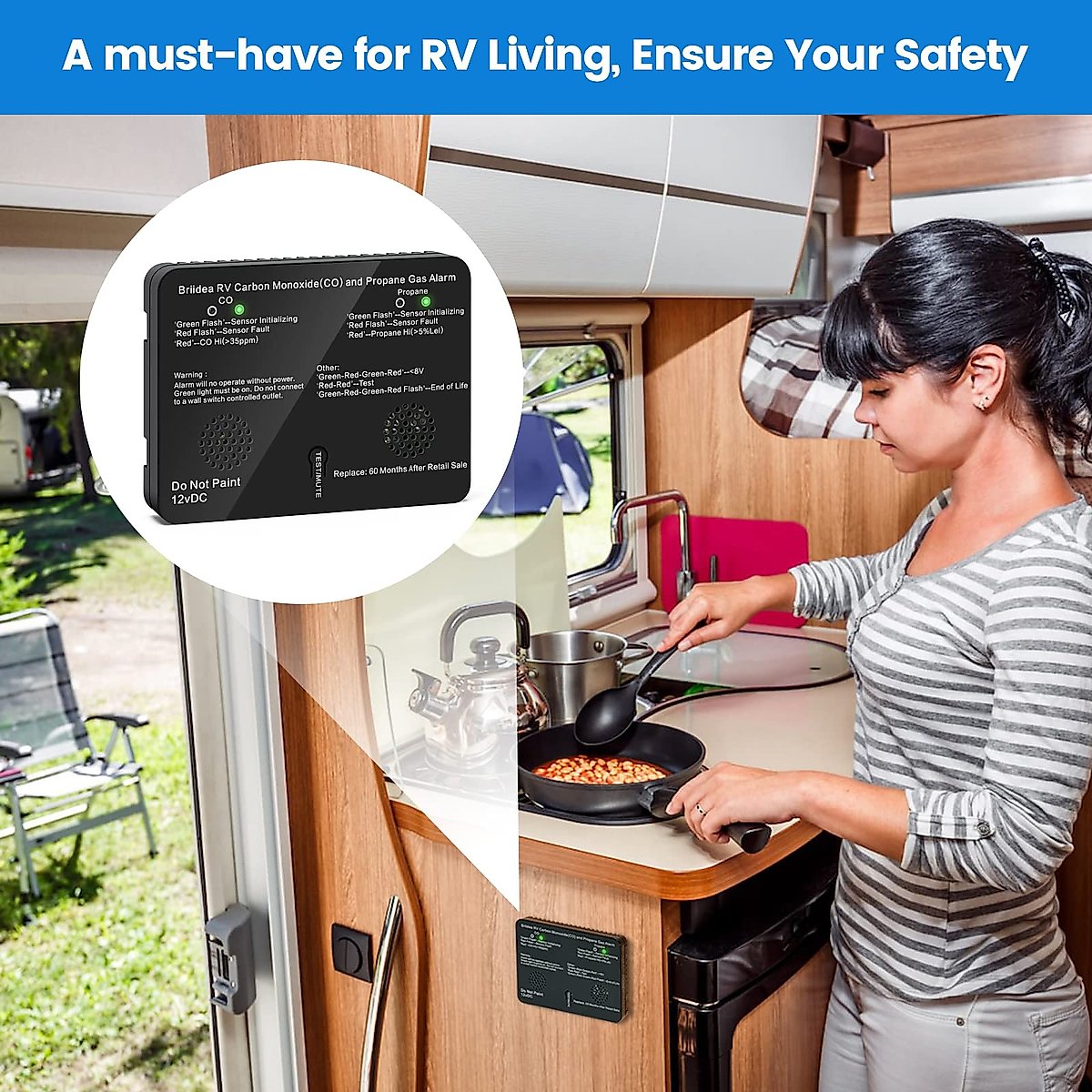 RV Carbon Monoxide & Propane Gas Alarm, Briidea Dual LP/CO Alarm with Separate LED Indicator Light, 100dB Loud Alarm, Provide You with Early Warning to Ensure Safety, 12 VDC