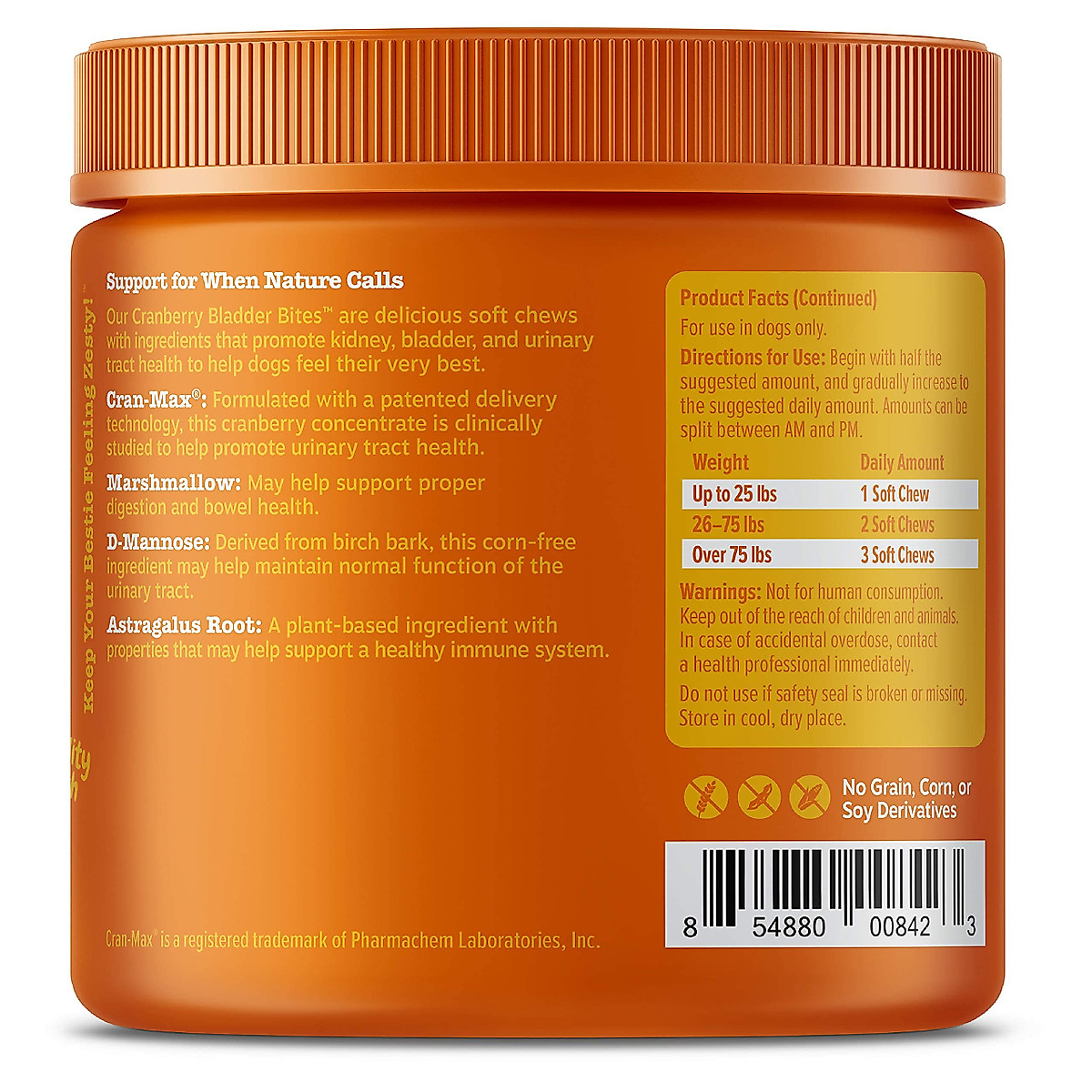 Cranberry Soft Chews for Dogs - Kidney, Bladder & Urinary Tract Wellness Supplement - with D Mannose & Organic Astragalus + Antioxidants - Immune System Support - Bacon Flavor - 80 Count