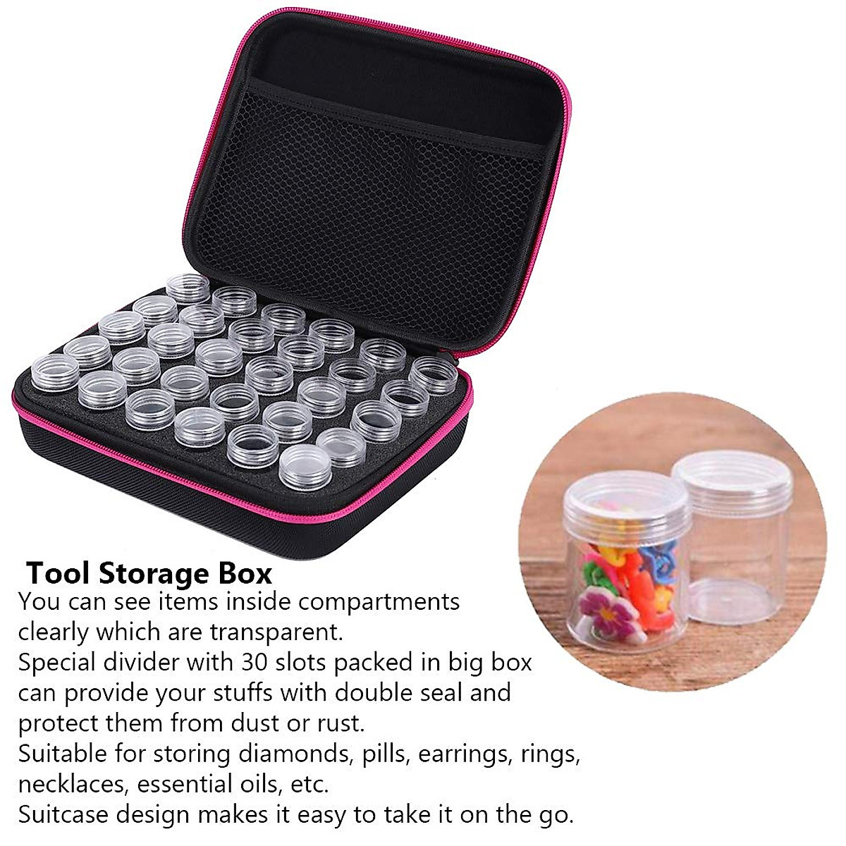 AUNMAS 30 Slots Diamond Painting Storage Case, DIY Art Craft Storage Containers, Diamond Embroidery Painting Accessories Shock Jars for Jewelry Beads Charms Glitter Rhinestones (Black)