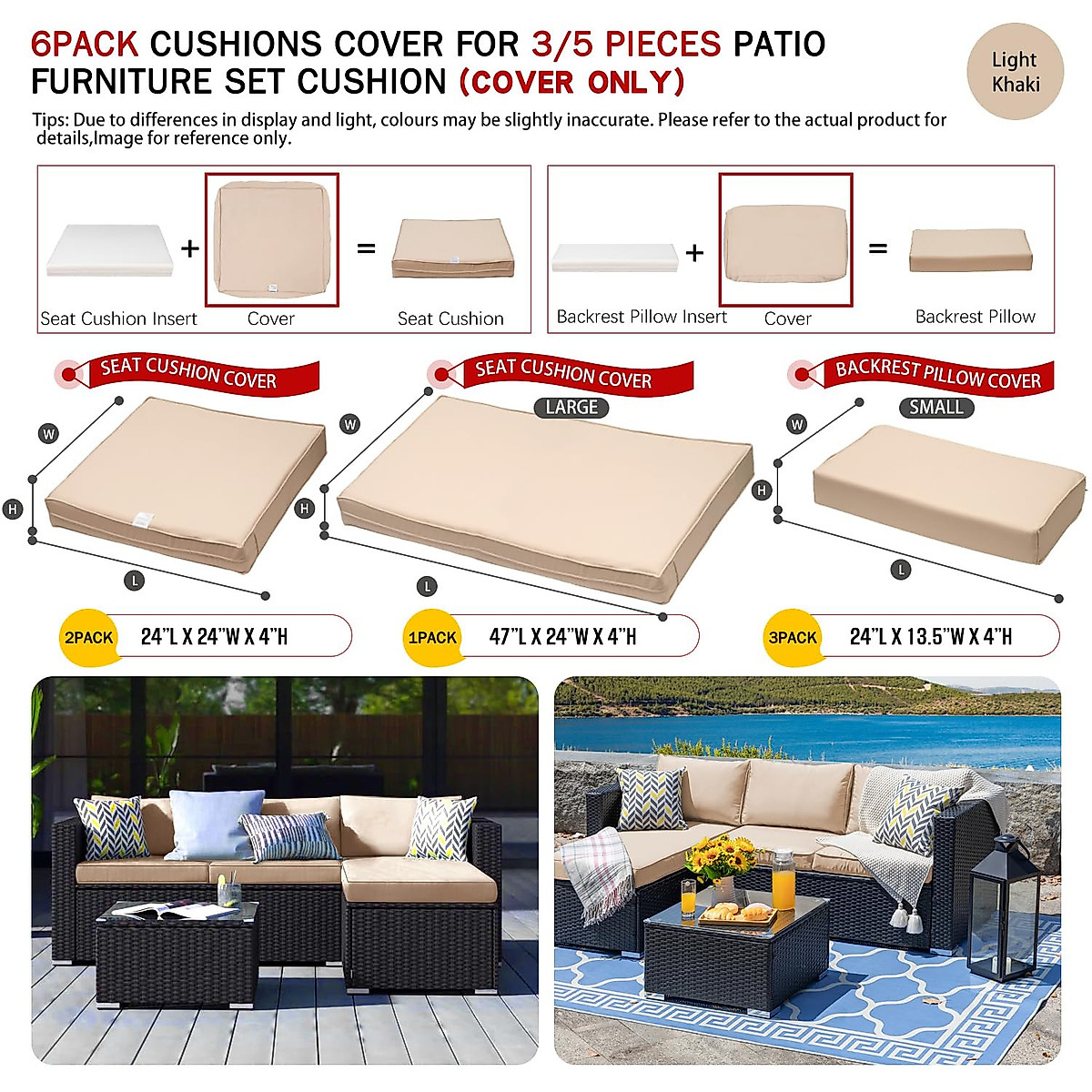 ClawsCover 6Pack Outdoor Seat and Back Cushions Replacement Covers Fit for 3 Pieces 3-Seater Wicker Rattan Patio Furniture Conversation Set Sectional Couch Chair,Light Khaki-Include Cover Only