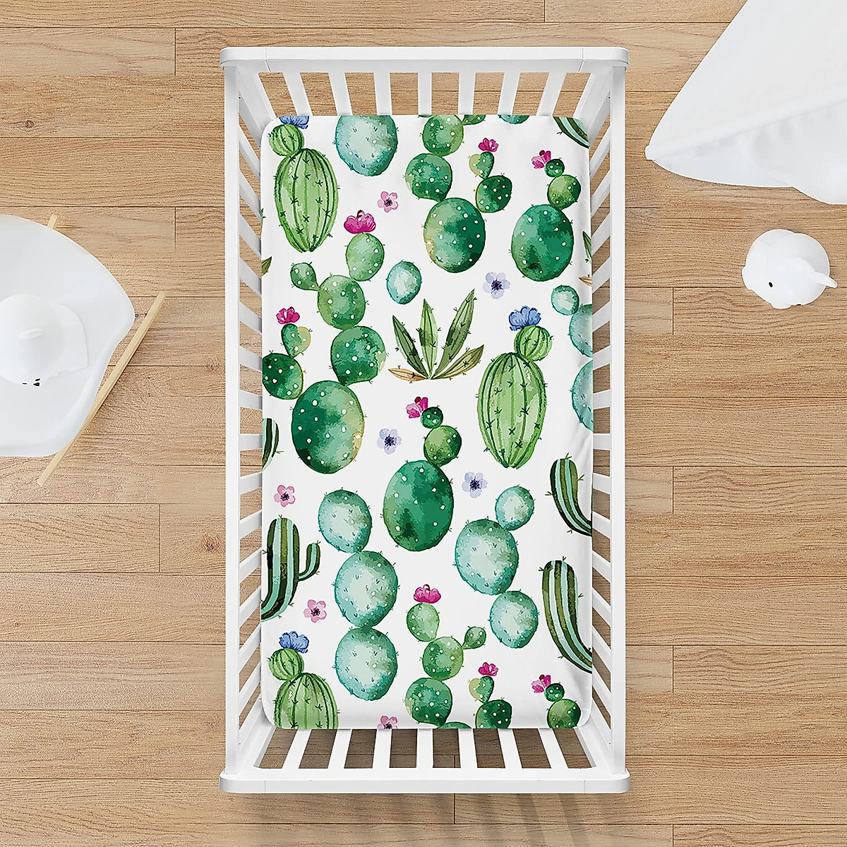 ARIGHTEX Crib Sheet Cactus Print Soft Jersey Knit, Fitted Baby & Toddler Standard Crib Sheets, Floral Nursery Sheet, 28"x52", Portable Mattress Topper for Girls, Summer Plant Pattern
