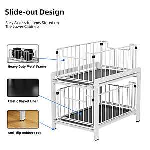 Lxmons 2 Tier Sliding Basket Drawer Organizer, Pull Out Under Sink Cabinets Organizer, Metal Home Organizer Shelf for Bathroom or Kitchen, Sliding Countertop or Pantry Storage shelf, Large White