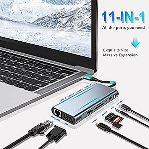 USB C HUB, USB C Adapter 11 in 1 Dongle with 4K HDMI, VGA, Type C PD, USB3.0, RJ45 Ethernet, SD/TF Card Reader, 3.5mm AUX, Docking Station Compatible