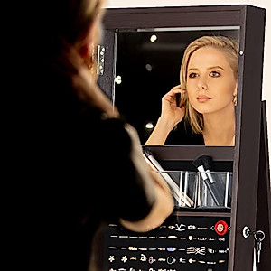 SERWALL 360 Rotating Jewelry Stand Organizer - Jewelry Armoire with Full-Length Mirror- Freestanding Dressing Mirror Jewelry Cabinet Storage - Brown