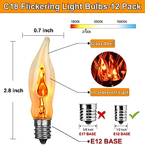 Christmas Flickering Light Bulbs 12 Pack C18 Flickering Flame Light Bulbs E12 Base Flickering Flame Bulbs 1 Watt/120 Volts for Christmas Candelabra Window Candle Lamp Christmas Replacement Bulbs