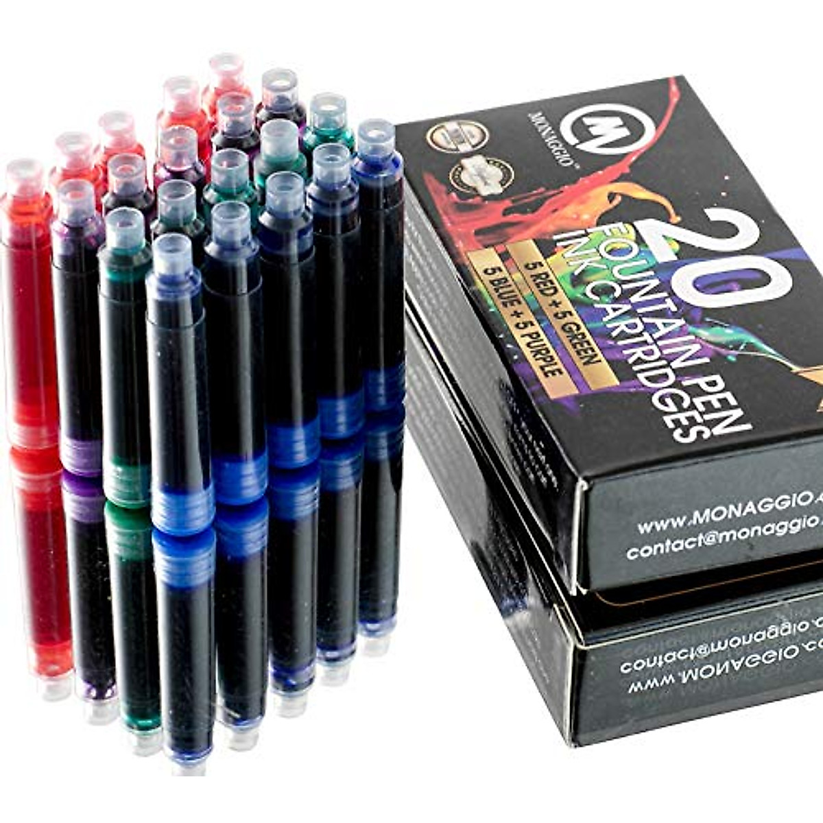 Extra Ink Cartridges for Most Fountain Pens Including Monaggio Pens. Fancy Pack of 20 Refill Cartridges for your Fountain Pens and Monaggio Pen: Blue, Purple, Green & Red