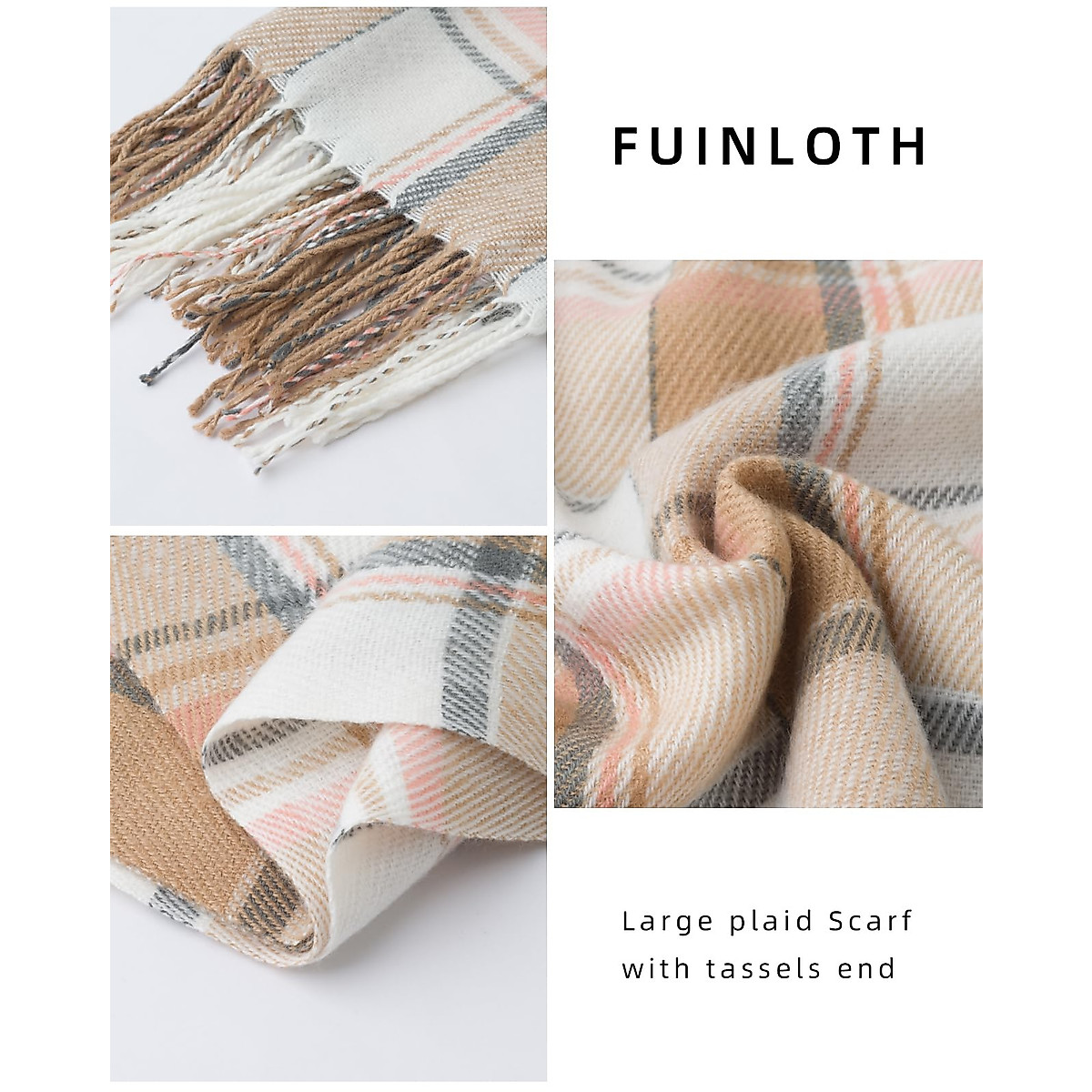 Fuinloth Women's Large Plaid Scarf Fashion Long Shawl Wrap for Winter Warm Lightweight Brown Pink