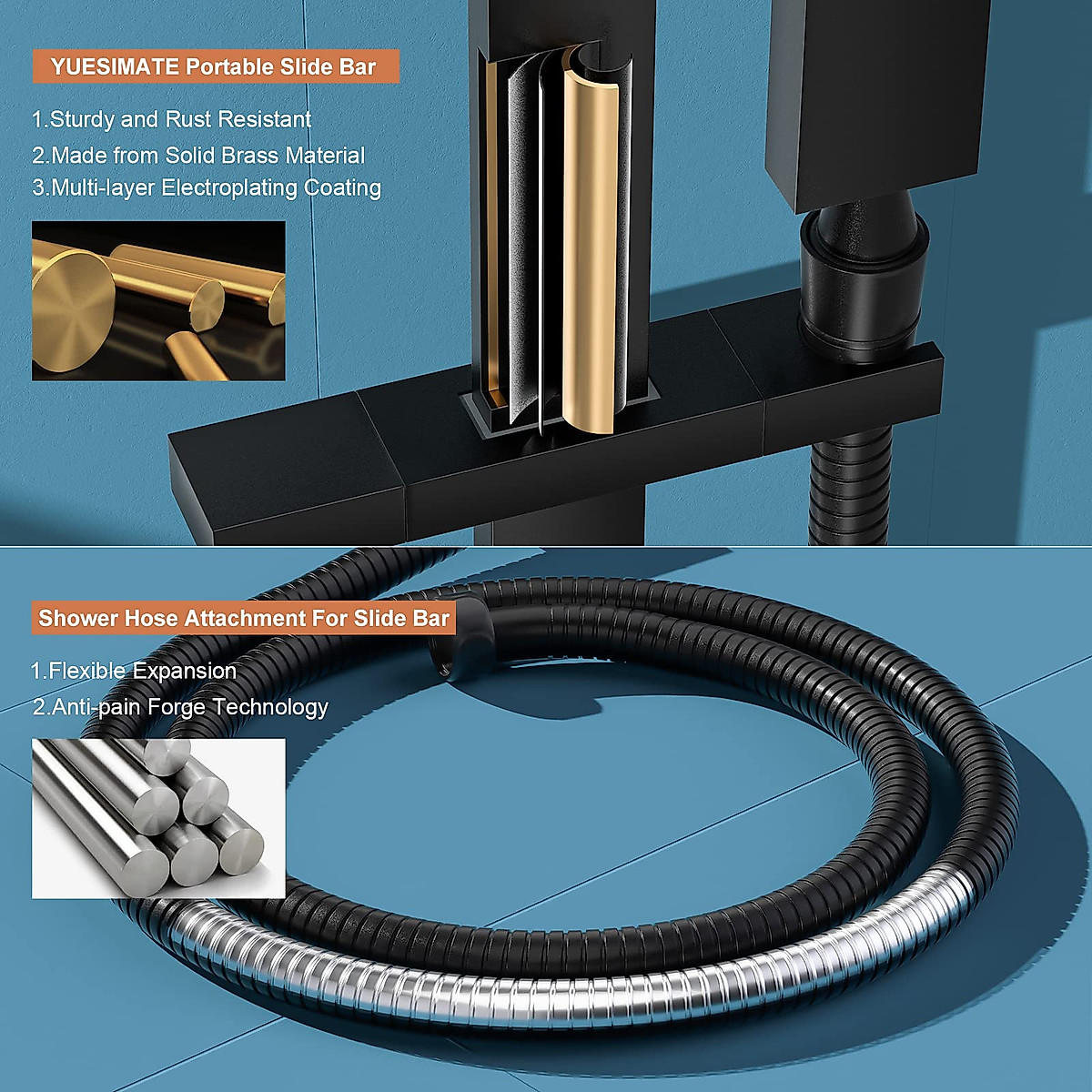 YUESIMATE Round Hand Held Shower Head with Slide Bar, Brass Shower Slide Bar Matte Black, Adjustable Height Shower Head with Handheld Spray, Shower Wand Holder, 59.06-Inch Shower Hose