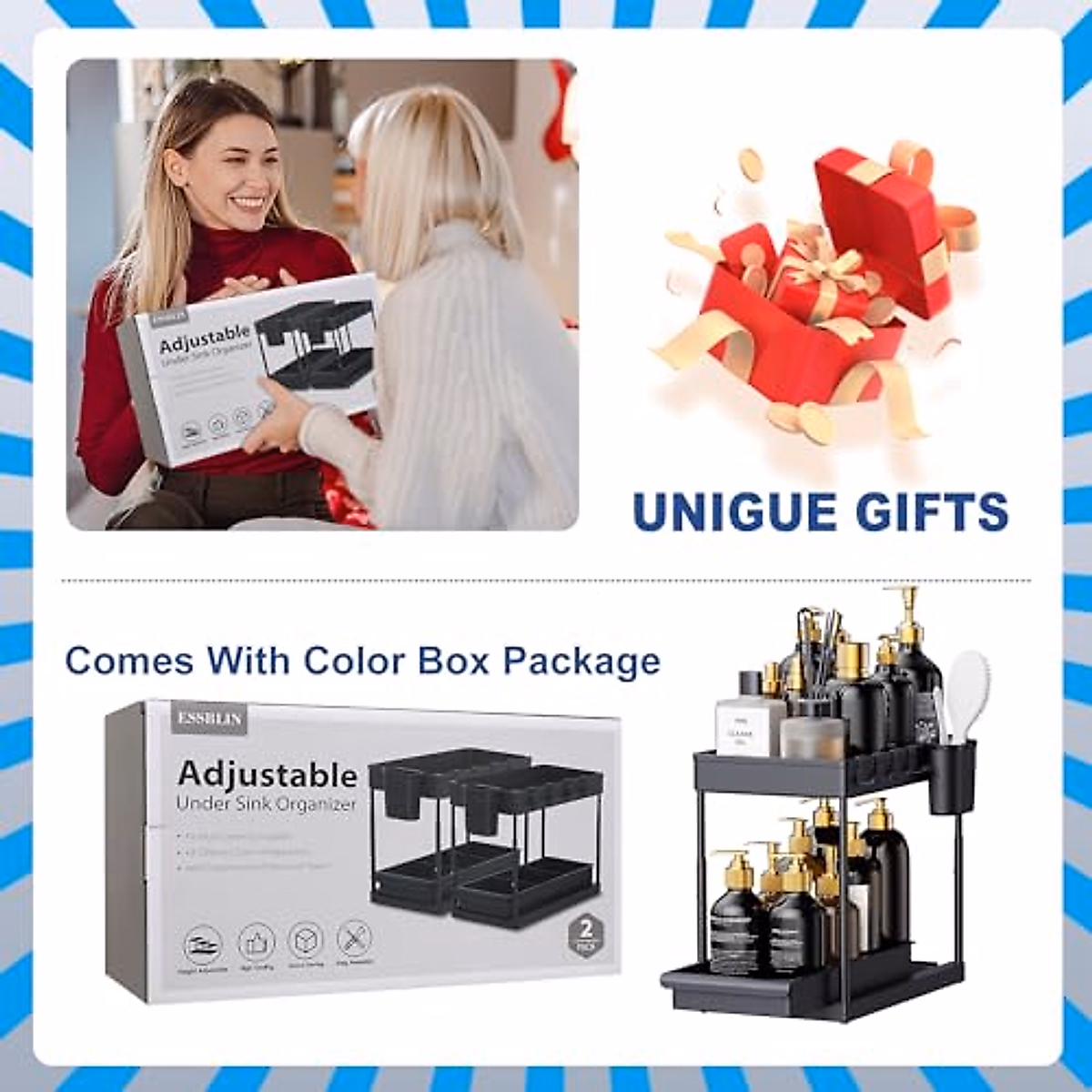 ESSBLIN Under Sink Organizer,1 Pack Height Adjustable Under Cabinet Storage for Bathroom Kitchen Cleaning Supplies with Hooks Hanging Cup,2 Tier Sturdy Large Capacity Pull Out Drawer Black