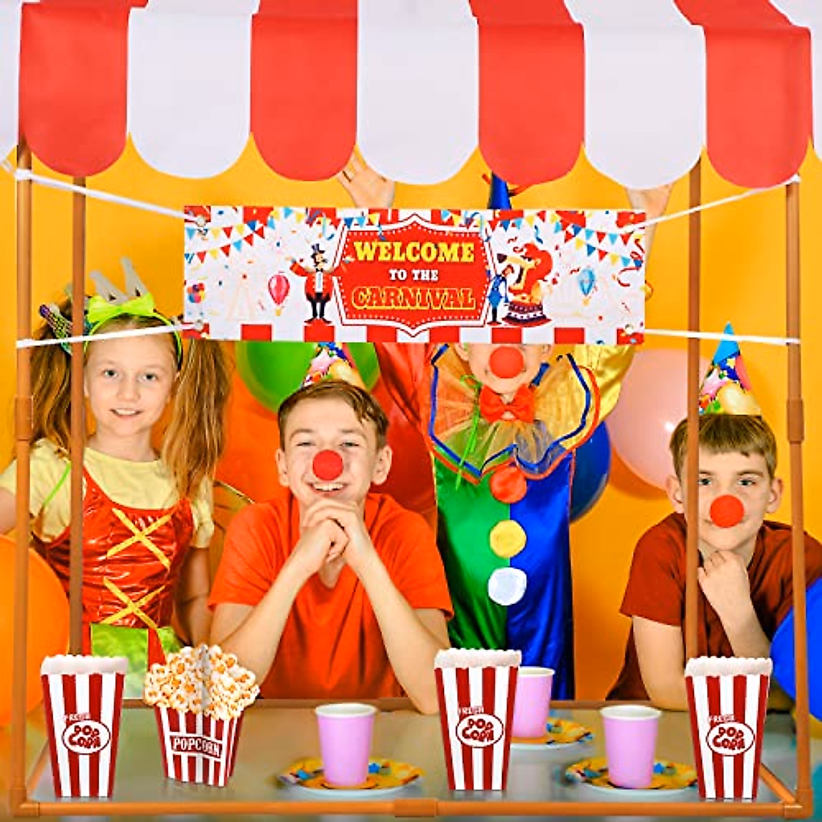 Jutom 45 Pcs Carnival Tabletop Decorating Kit Carnival Circus Concession Stand Decor Red White Striped Table Skirt Welcome to The Carnival Banner Popcorn Boxes Balloon for Carnival Party Decor