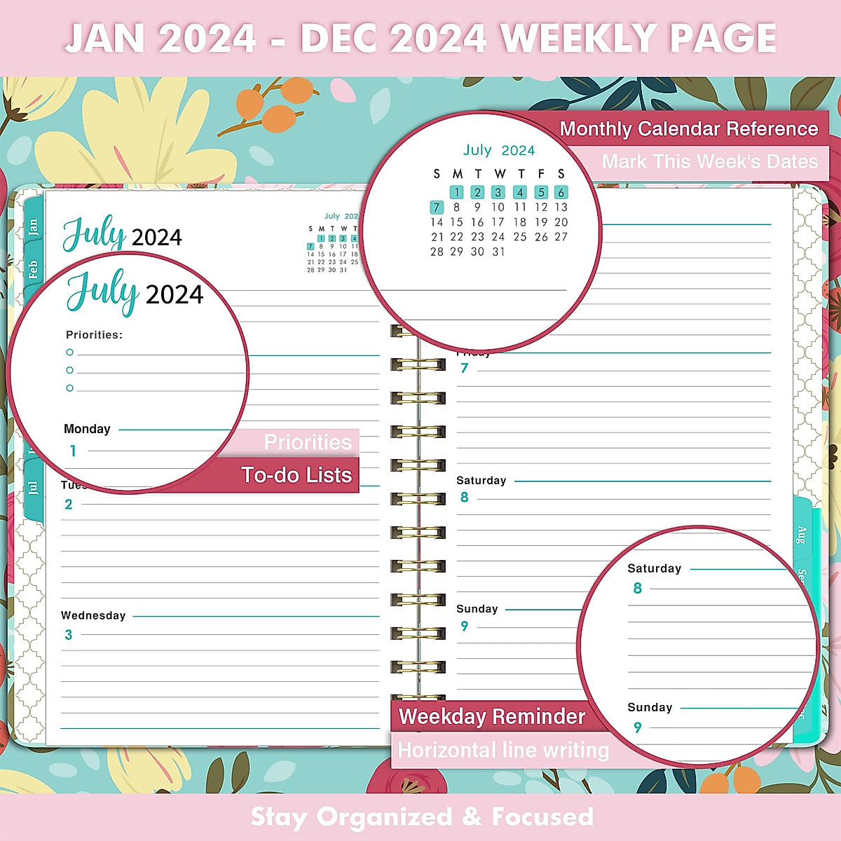 2023 Planner – Weekly ＆ Monthly Planner 2023, Jan 2023 – Dec 2023, 6.4" x 8.5" with 12 Monthly Tabs, Flexible Hardcover, Thick Paper, Inspirational Quotes, Strong Spirals Wirebound Organizer