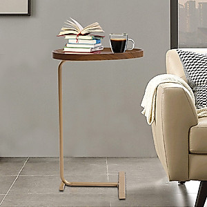 C-Shaped End Table, Small Side End Table for Sofa, Snack Drink TV Tray, Couch Table for Living Room Bedroom, Bedside, Modern Simplicity, Metal and Wood