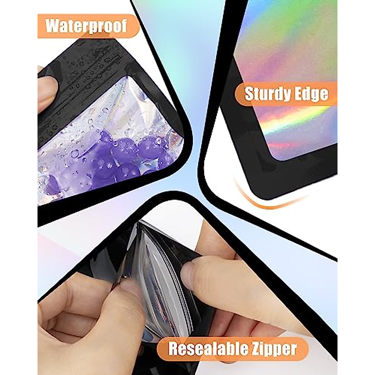 Holographic Bags Candy Bags 300 PCS (3x4.7 Inch, Black) Resealable Bags Packaging Bags with Clear Window Small Bags Foil Pouch Bags for Food Storage Small Business Christmas